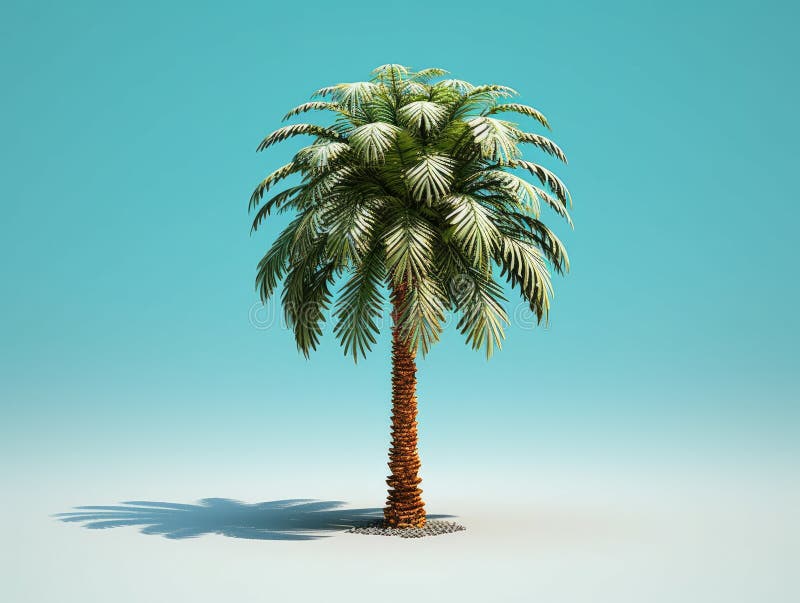 Small Palm Tree Standing Alone on an Empty Blue Sky Background. it is ...
