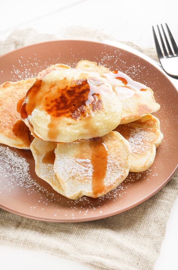 Small Pancakes with Honey on Ceramic Plate Stock Image - Image of bake ...