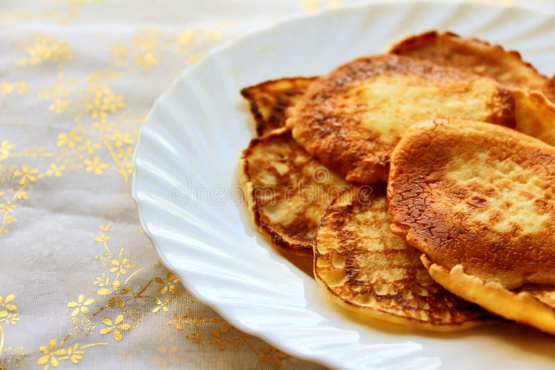 Small Pancakes on a White Plate. Wide Pancake Week Stock Photo - Image ...