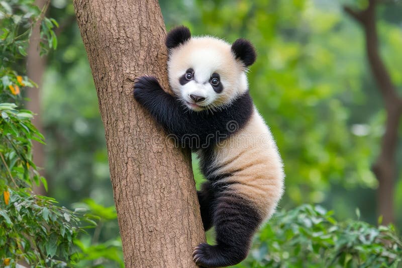 A Small Panda Cub is Climbing a Tree in a Rich, Green Woodland Stock ...