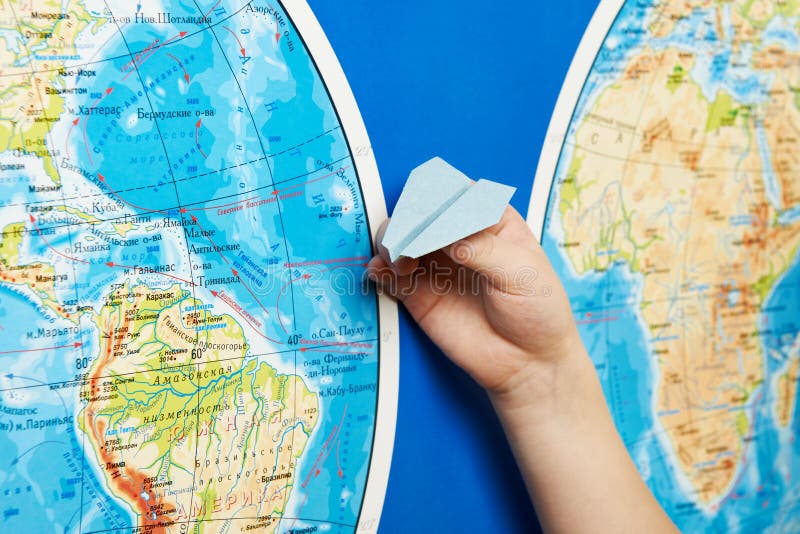 Small Paper Airplane on Intercontinental Flight To World Map Stock ...