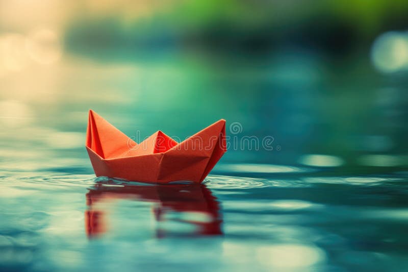 A Small Paper Boat Floats on the Surface of the Water, with a Calm ...
