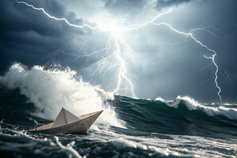 Small Paper Boat in Ocean Storm with Lightning and Waves Stock ...