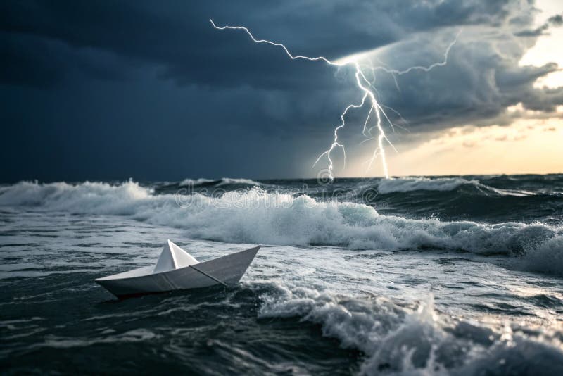 Small Paper Boat in Ocean Storm with Lightning and Waves Stock ...