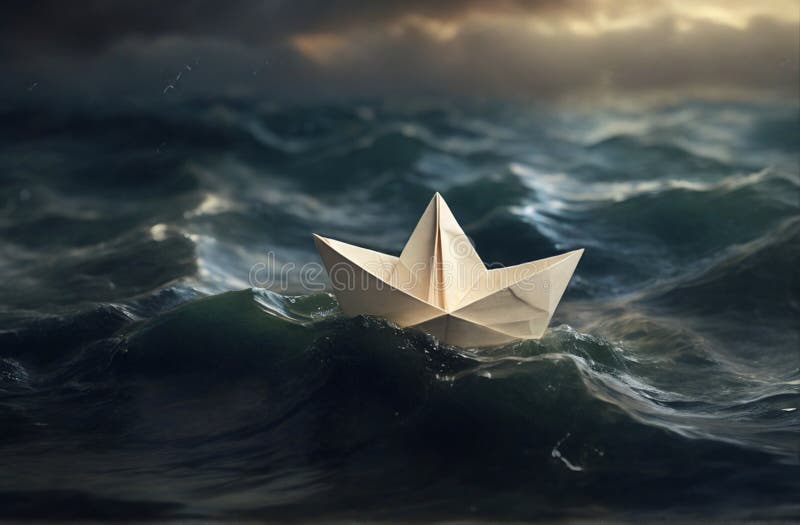 Small Paper Boat in Stormy Sea Waves Stock Illustration - Illustration ...