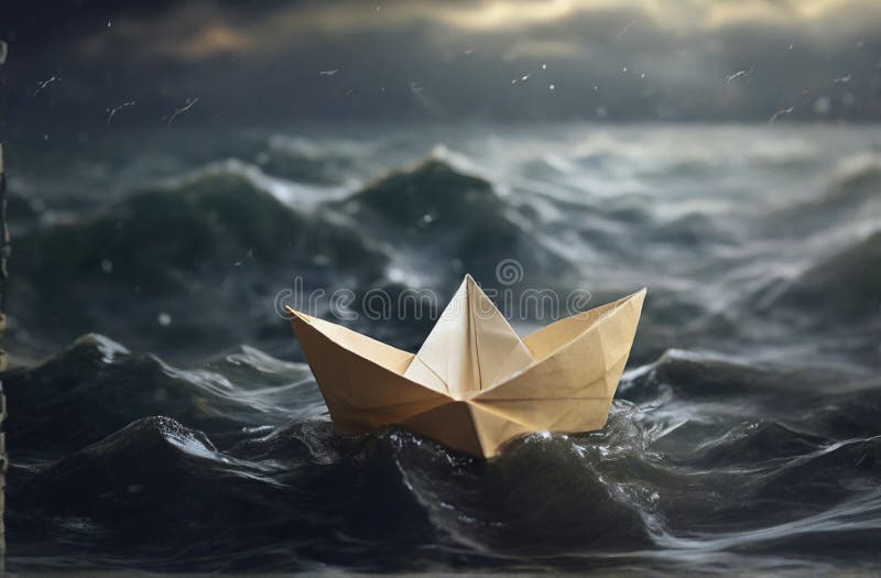 Small Paper Boat in Stormy Sea Waves Stock Illustration - Illustration ...