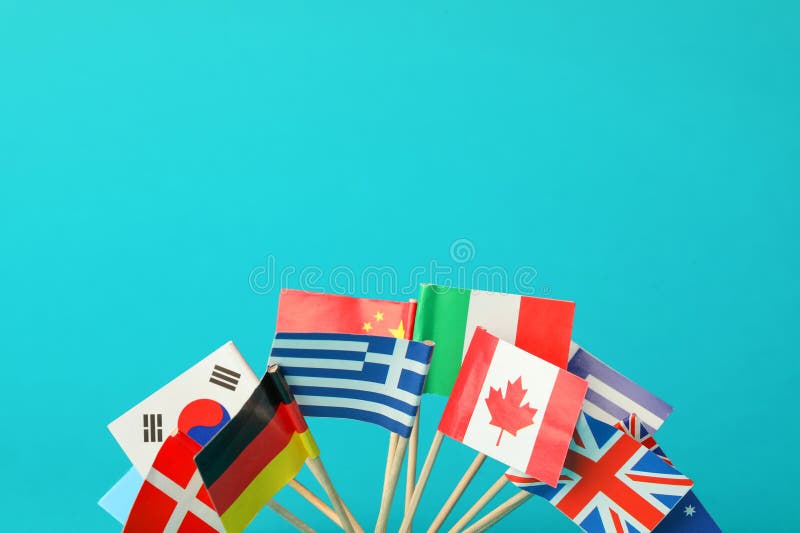Small Paper Flags Different Countries Light Blue Background Stock ...