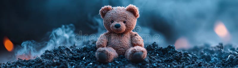 A Small, Partially Burnt Teddy Bear Sits Surrounded by Ashes, with ...