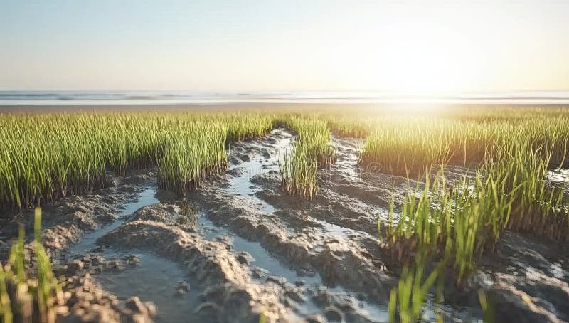A Small Patch of Grass Grows Out of Wet Sand, Illuminated by the Golden ...