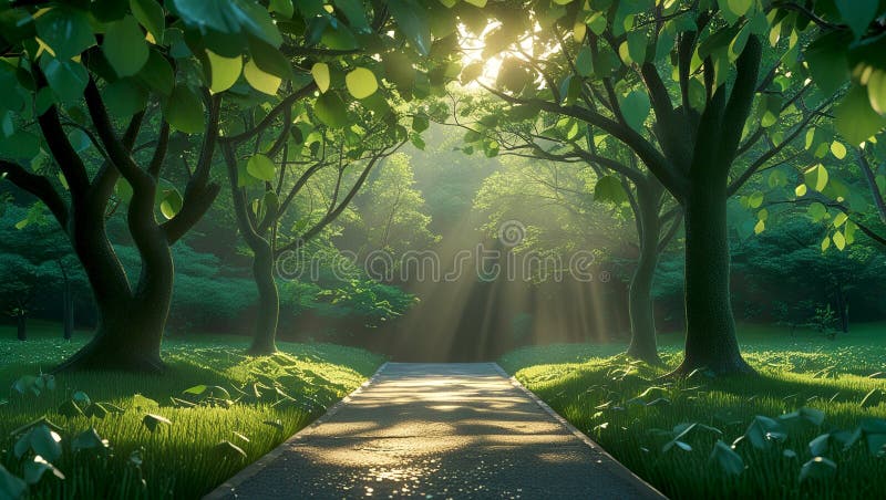 A Small Path Surrounded by Lush Green Trees, with Leaves Covered in ...