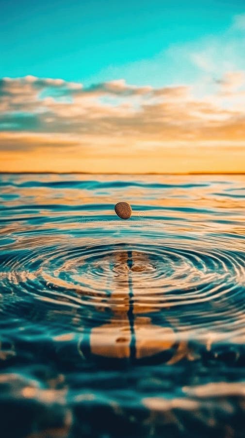 Small Pebble Creates Ripples in a Serene Lake at Sunset with a Blue ...
