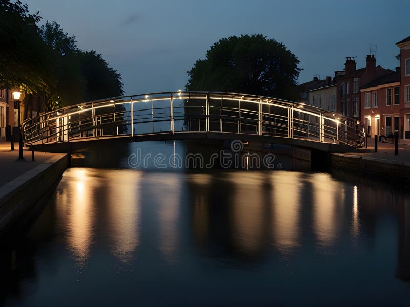 Small Pedestrian Bridge Over Canal at Dusk Stock Illustration ...