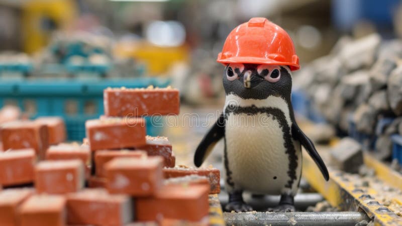 A Small Penguin Wearing a Hard Hat on Top of Train Tracks, AI Stock ...