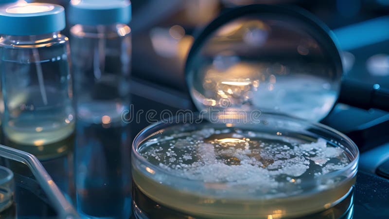 A Petri Dish Showing Bacterial Growth Under a Microscope with Drops of ...