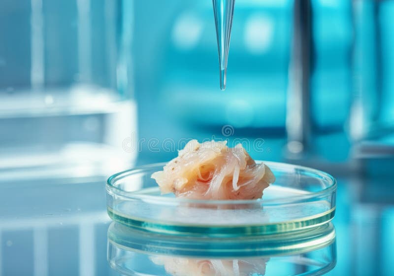 Small Piece of Cultured Fish Meat on Petri Dish with Dropping Liquid in ...