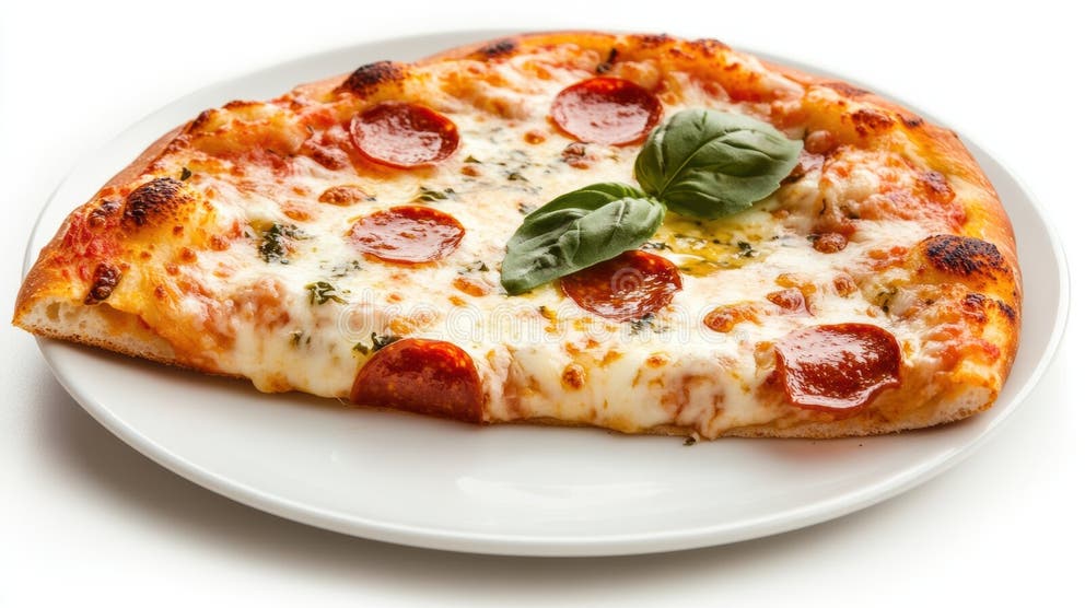 A Small Piece of Pizza on a Plate with Some Basil, AI Stock Photo ...