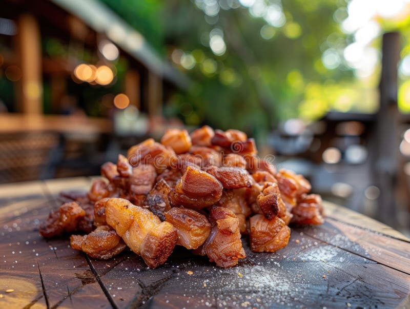 Small Pieces of Fried Pork Meat on a Wooden Table, Outside in a ...