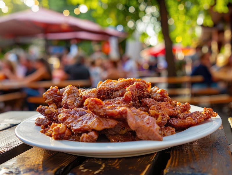 Small Pieces of Fried Pork Meat on a Wooden Table, Outside in a ...
