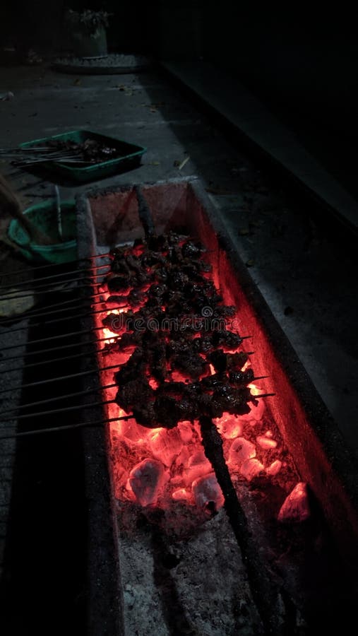 Small Pieces of Meat Grilled Over Charcoal at Night Stock Photo - Image ...