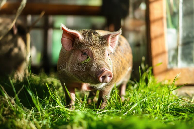 A Small Pig Stands on the Edge of a Lush Green Field, Surrounded by ...