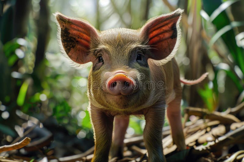 A Small Pig Stands in the Middle of a Dense Forest, Surrounded by Trees ...