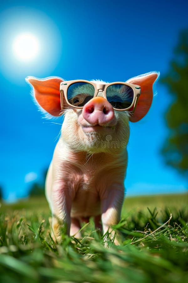 Small Pig with Sunglasses on Standing in Field of Grass. Generative AI ...