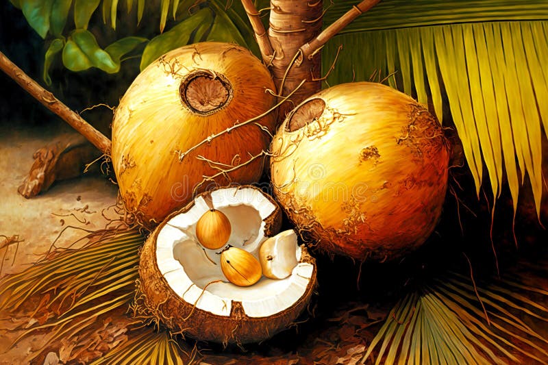 Small Pile of Cracked Coconut Fruit Under Tropical Palm Tree Stock ...