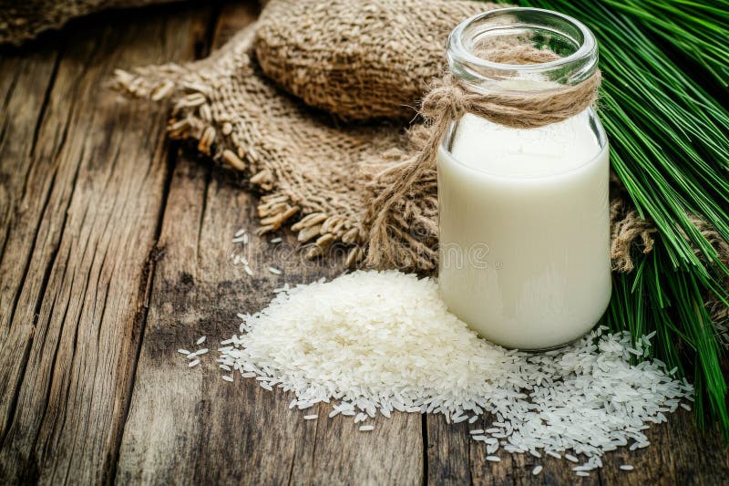 With a Small Pile of Rice Grains beside the Bottle of Rice Milk, this ...