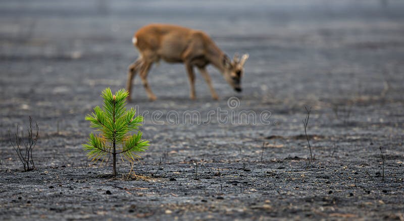 Small Pine Tree Growing after Fire with Roe Deer Grazing Stock ...
