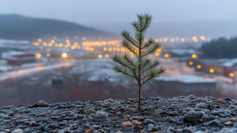 Small Pine Tree Grows Against City Lights Background Stock Illustration ...