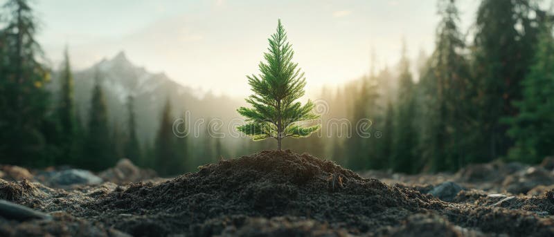 Small Pine Tree Grows from Dirt Pile. Forest and Mountains Visible in ...