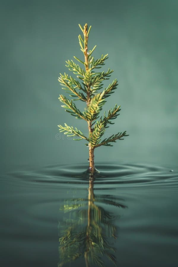 A Small Pine Tree Grows Out of Calm Water Stock Image - Image of nature ...