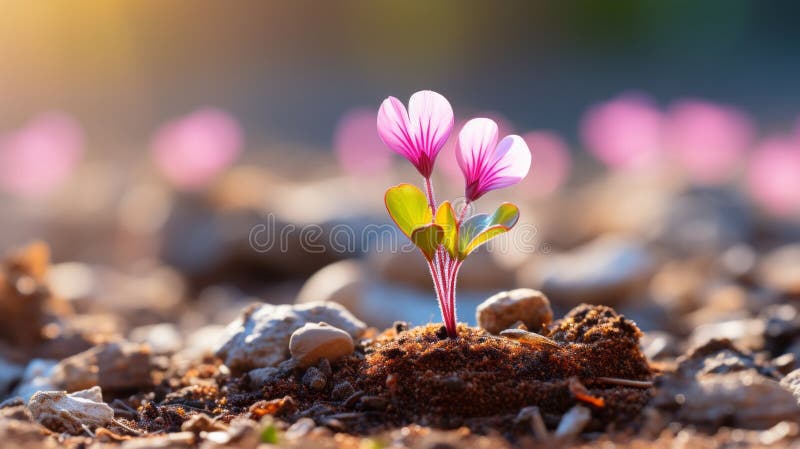 A Small Pink Flower Sprouting from the Ground Stock Illustration ...