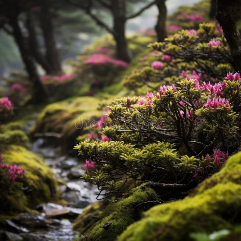 A Small Pink Flowers on a Green Hillside Stock Illustration ...