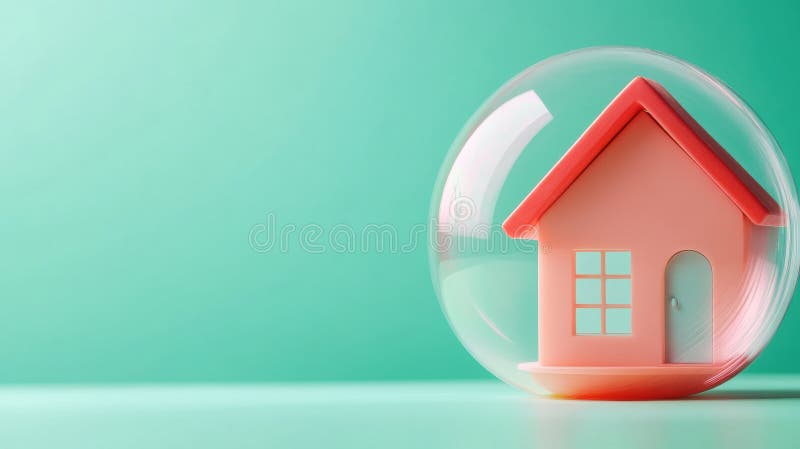A Small Pink House Encased in a Transparent Bubble Against a Teal ...