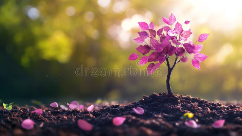 A Small Pink-Leaved Tree Growing in the Ground with Sunlight and Fallen ...
