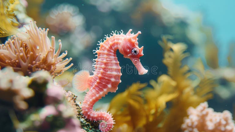 Small Pink Seahorse in on a Background of Corals and Algae Stock Image ...