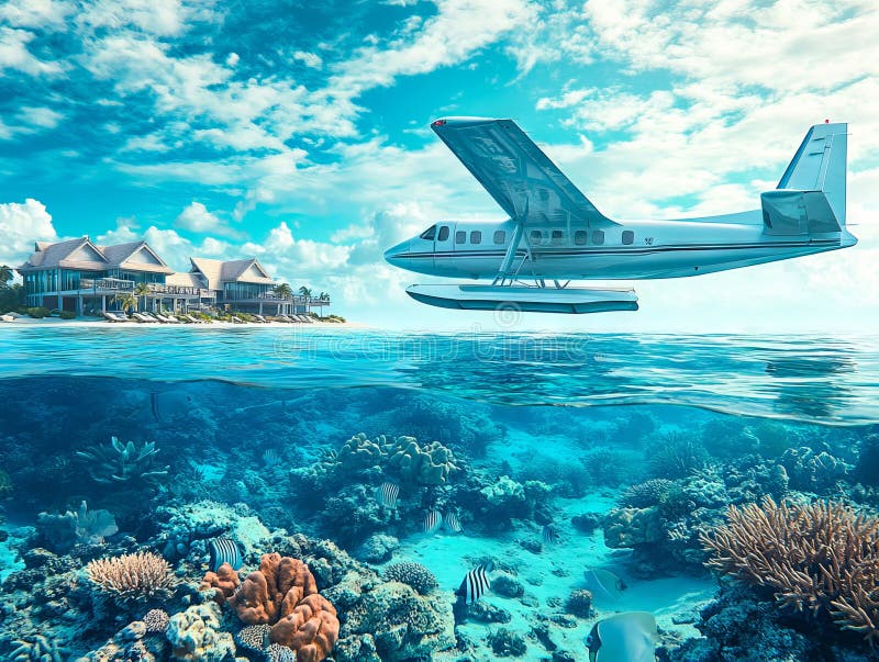 A Small Plane Flying Over a Coral Reef Stock Photo - Image of landing ...