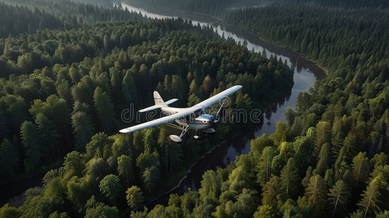 A Small Plane Flying Over a Dense Forest Stock Illustration ...