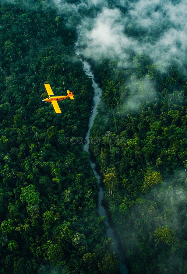 A Small Plane Flying Over a Lush Green Forest Stock Image - Image of ...