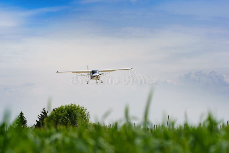 Small Plane Flying Over a Lush Green Landscape of Trees and Grass Stock ...
