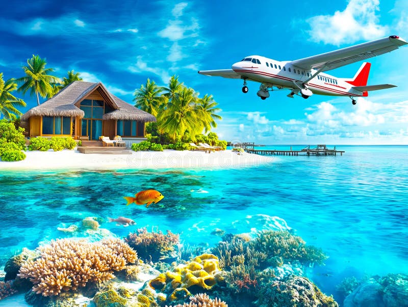 A Small Plane Flying Over a Tropical Island with a House and a Boat ...