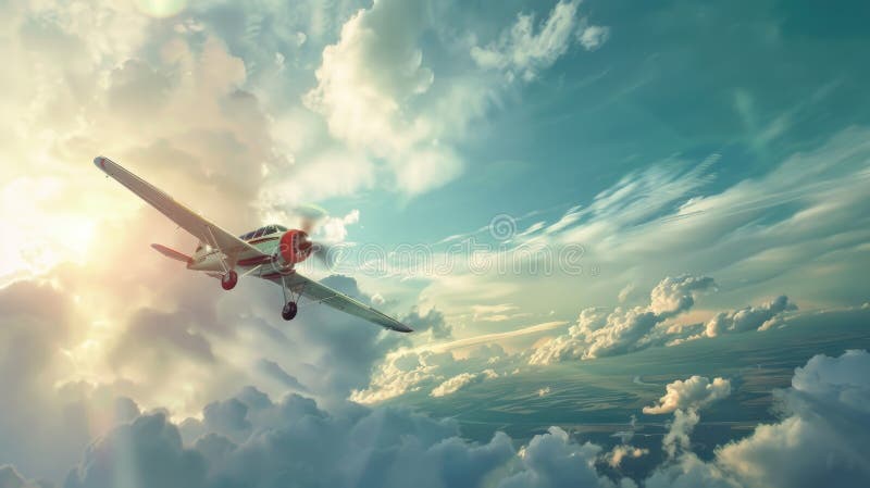 A Small Plane Soaring through a Cloudy Sky with Puffy White Clouds ...