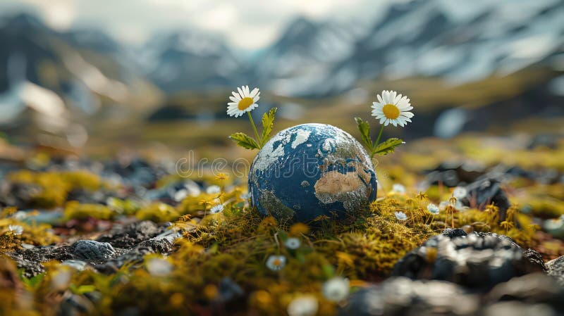 Small Planet Earth or Globe Lies in Grass in Mountains. Generative AI ...
