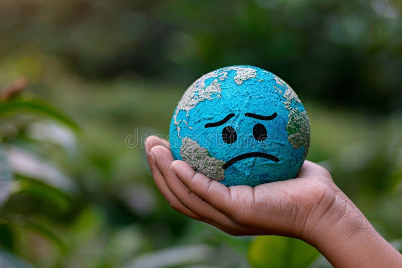 Planet Earth Globe with Sad Face Held by Hand Stock Illustration ...