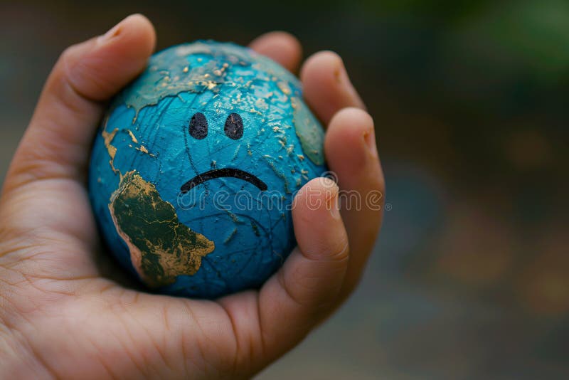 Small Planet Earth Globe with Sad Face Held by Hand Stock Illustration ...