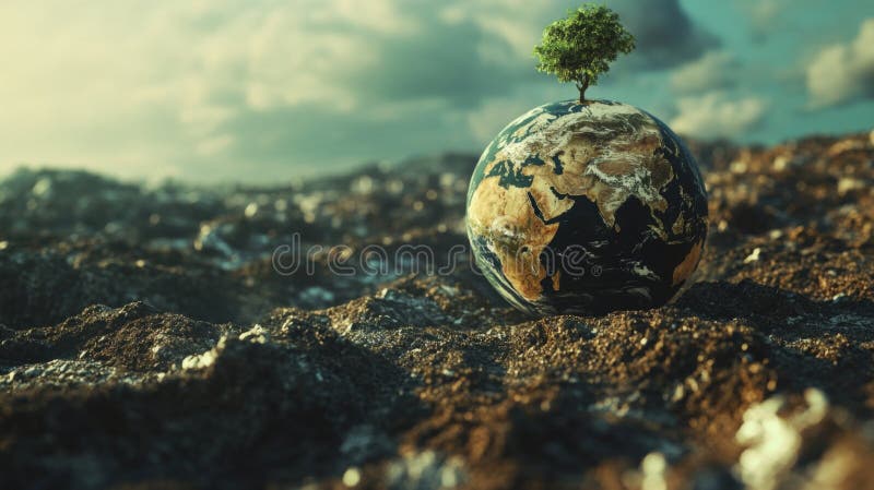 Lonely Tree Growing on Small Planet Earth in Barren Landscape Stock ...