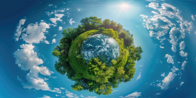 A Small Planet with Trees and Clouds in the Background Stock Photo ...