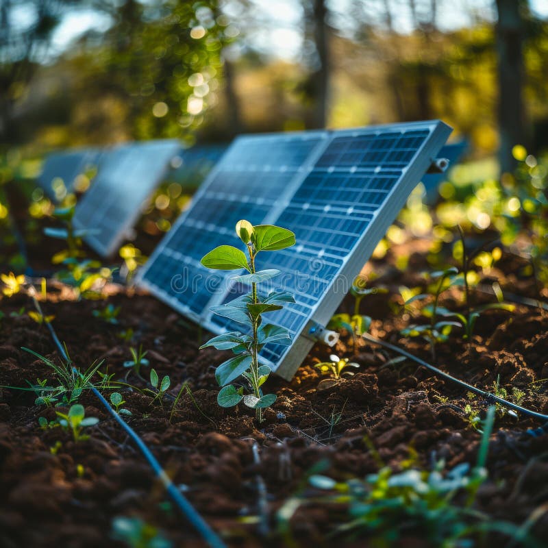 A Small Plant is Growing in the Dirt Next To a Solar Panel. the Plant ...