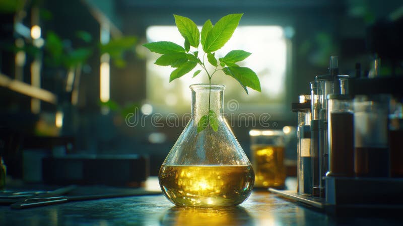 A Small Plant Growing in a Flask with a Yellow Liquid, in a Lab Setting ...